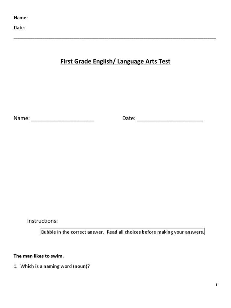 1st Grade ELA Test | PDF | Linguistics | Syntax