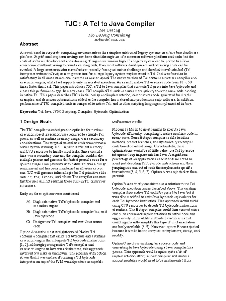 TJC: A TCL To Java Compiler: Mo Dejong Consulting | PDF | Java Virtual Machine | Compiler