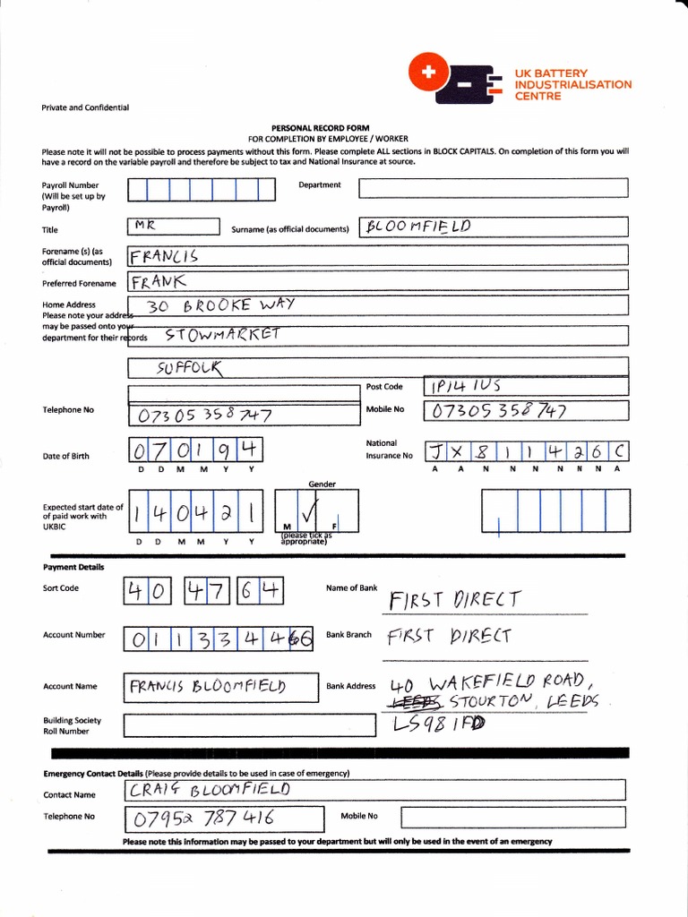 Personal Record Form Complete | PDF | Intellectual Disability | Disability