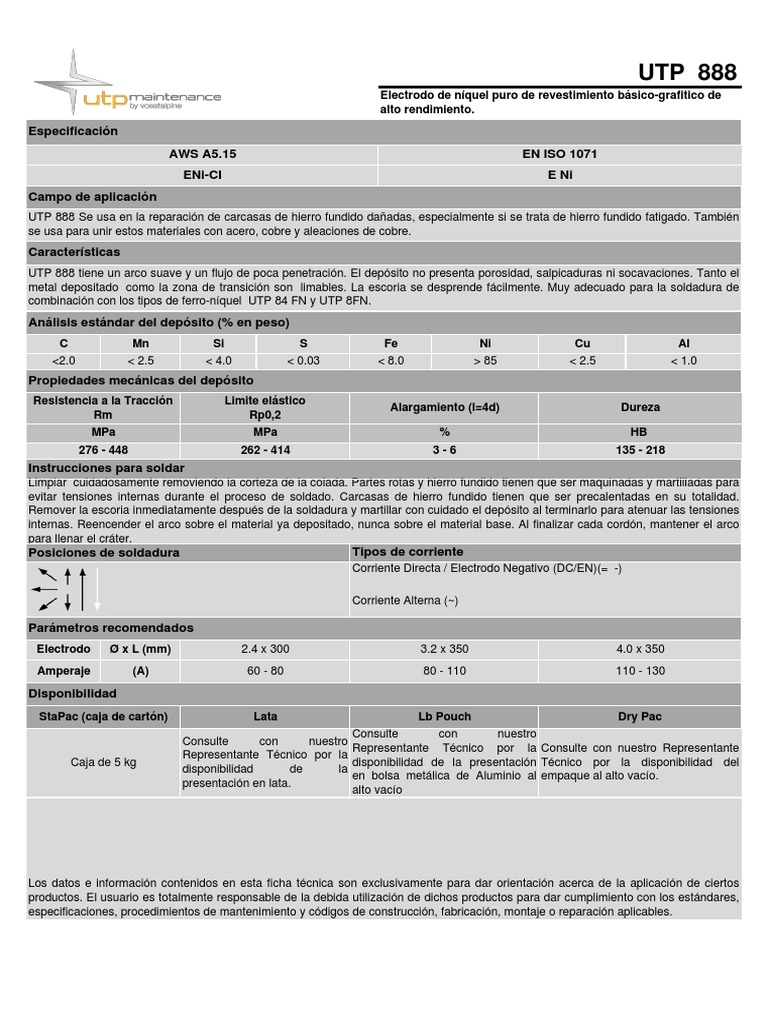 Ficha Técnica UTP 888: Soldadura de Hierro | PDF | Soldadura | Construcción