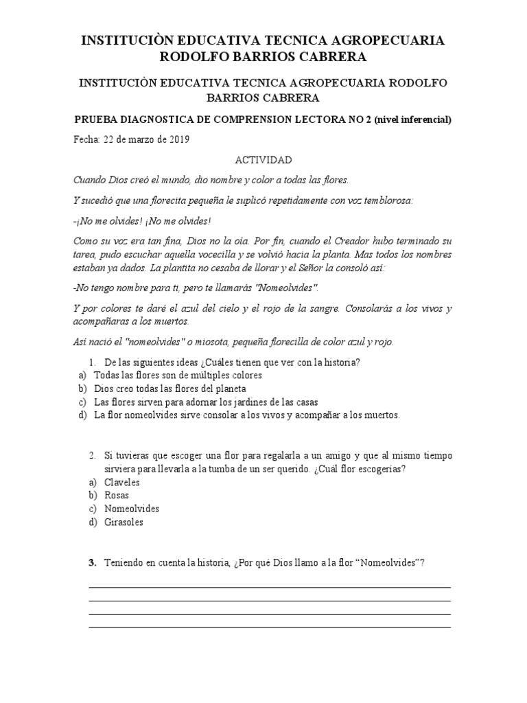 Prueba Diagnostica de Comprension Lectora No 2 | PDF | Estudios de ...
