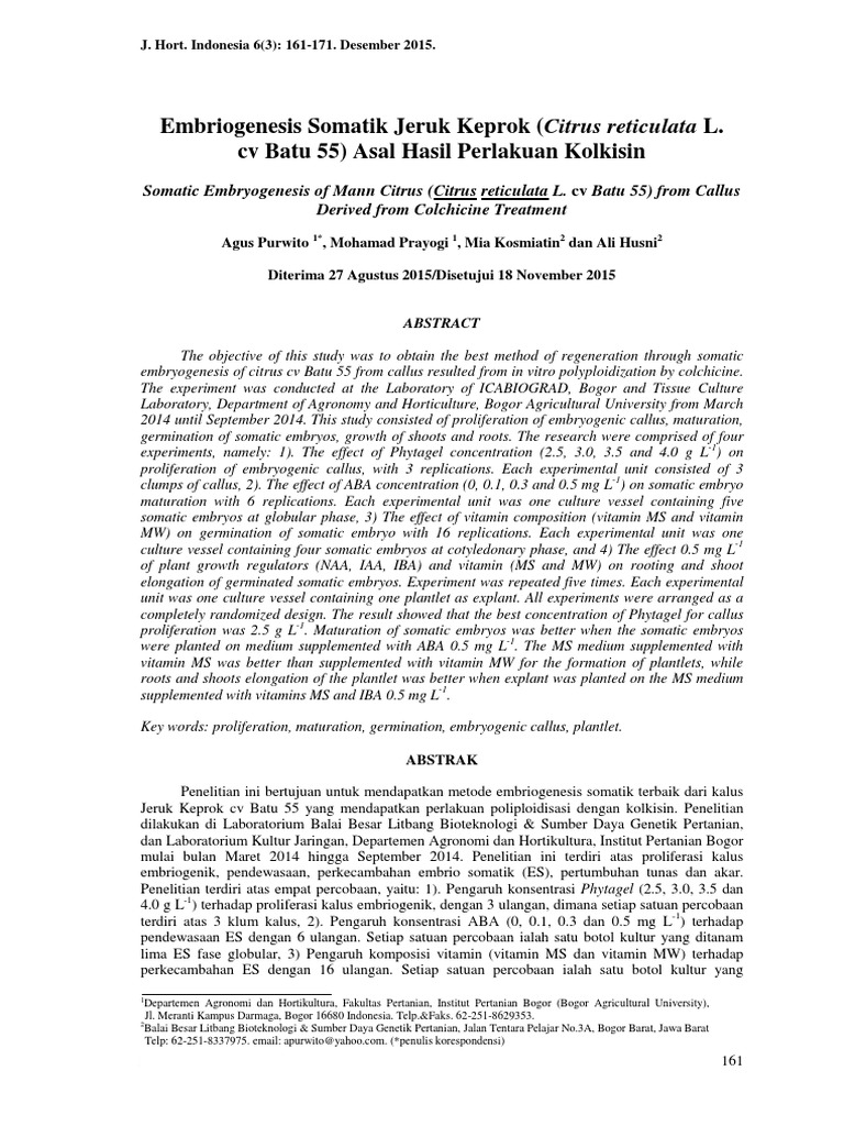 Jurnal Embriogenesis Somatik Jeruk Keprok (Citrus Reticulata L. CV Batu ...