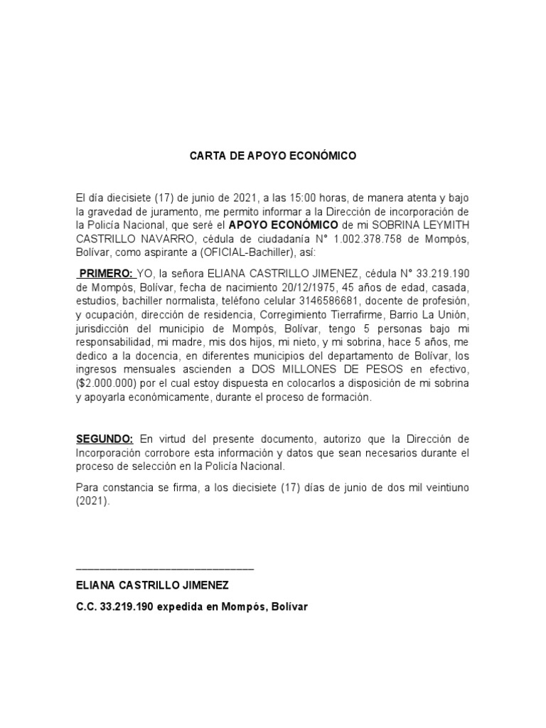 Carta De Apoyo Económico Pdf