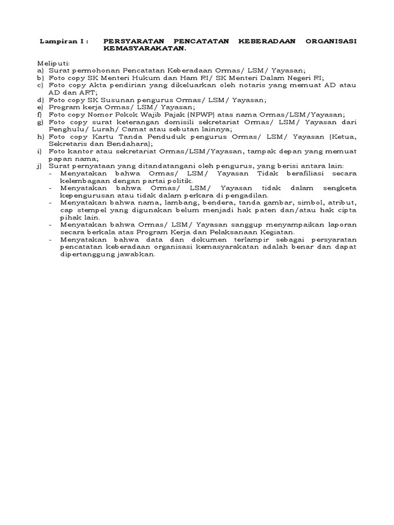 Persyaratan Pencatatan Ormas/LSM | PDF | Hukum