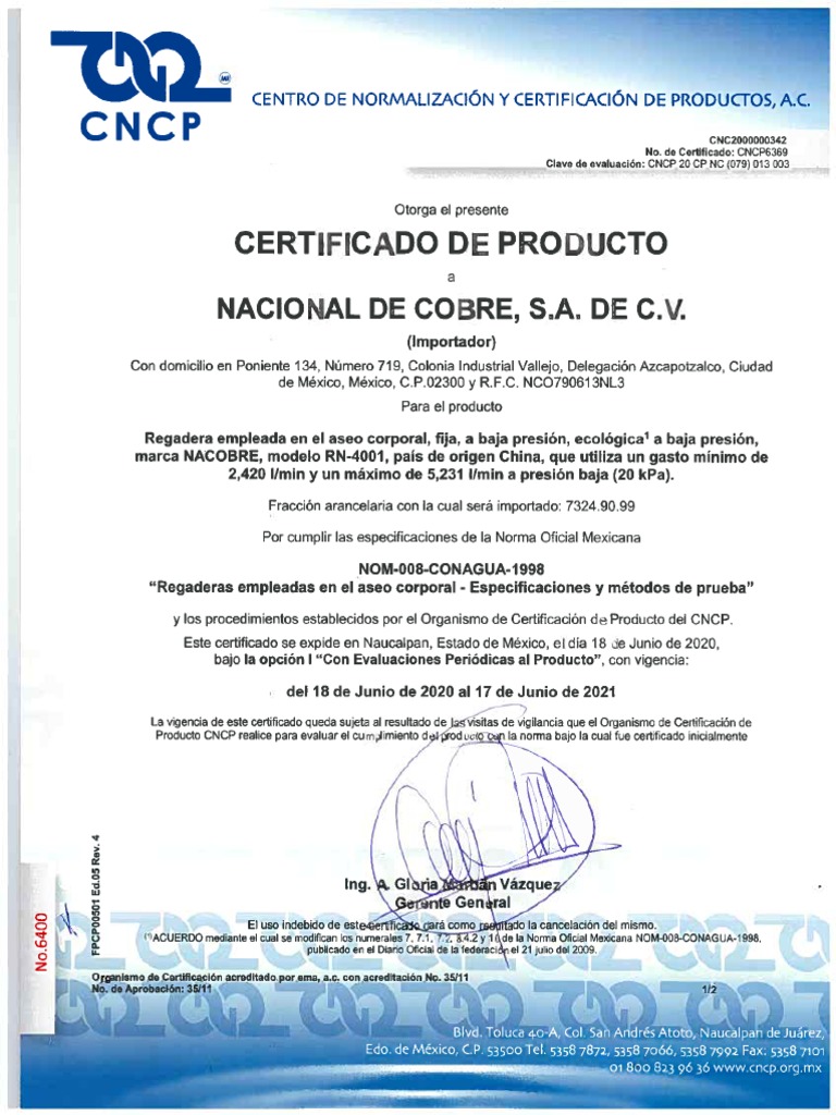 Certificado CNCP Regadera RN-4001 Nacobre | PDF