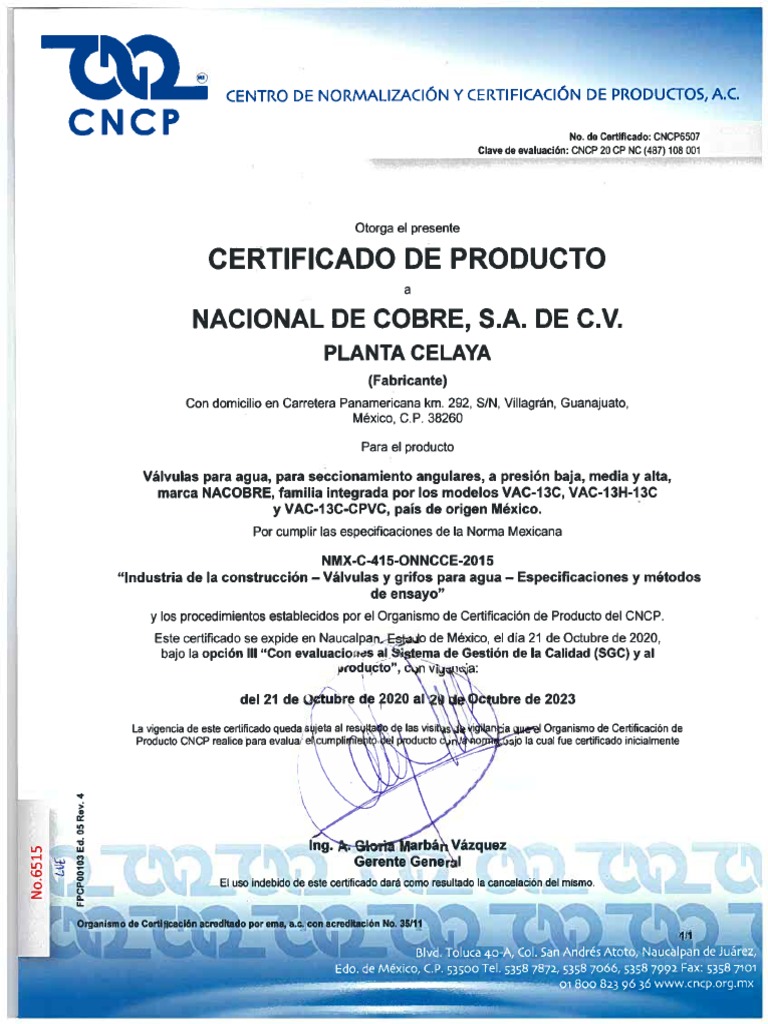 Certificado CNCP Valvula Angular Vac-13c Nacobre | PDF