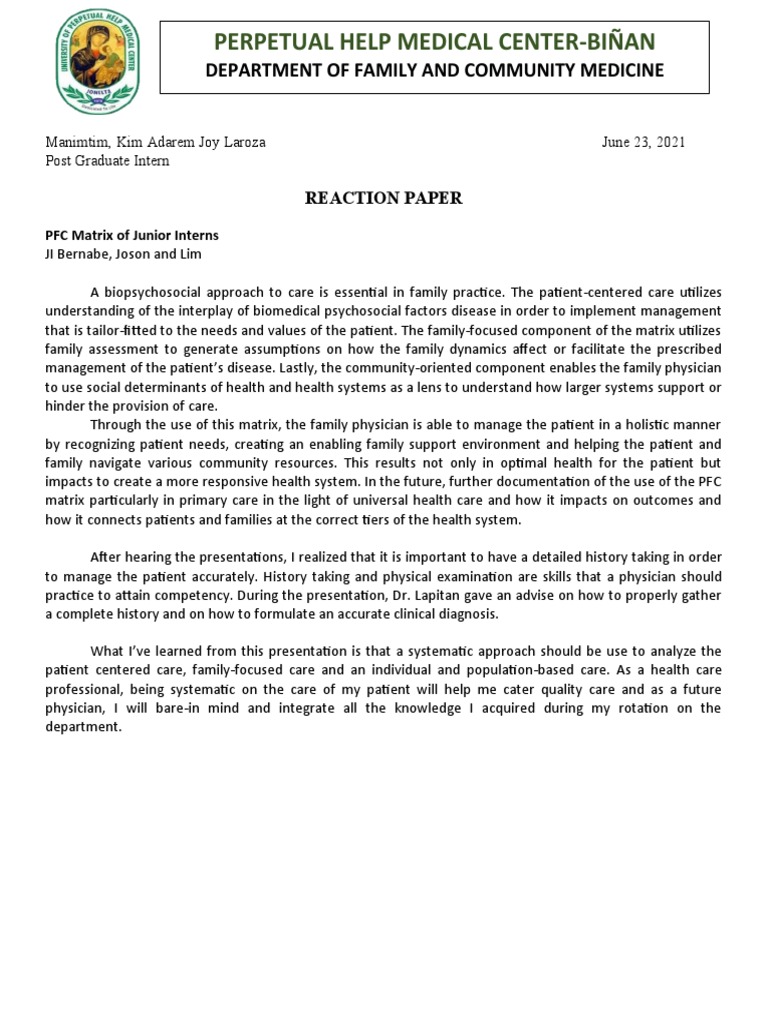 JUNE-23-2021 - PGI MANIMTIM-Reaction Paper On PFC Matrix | PDF | Family ...