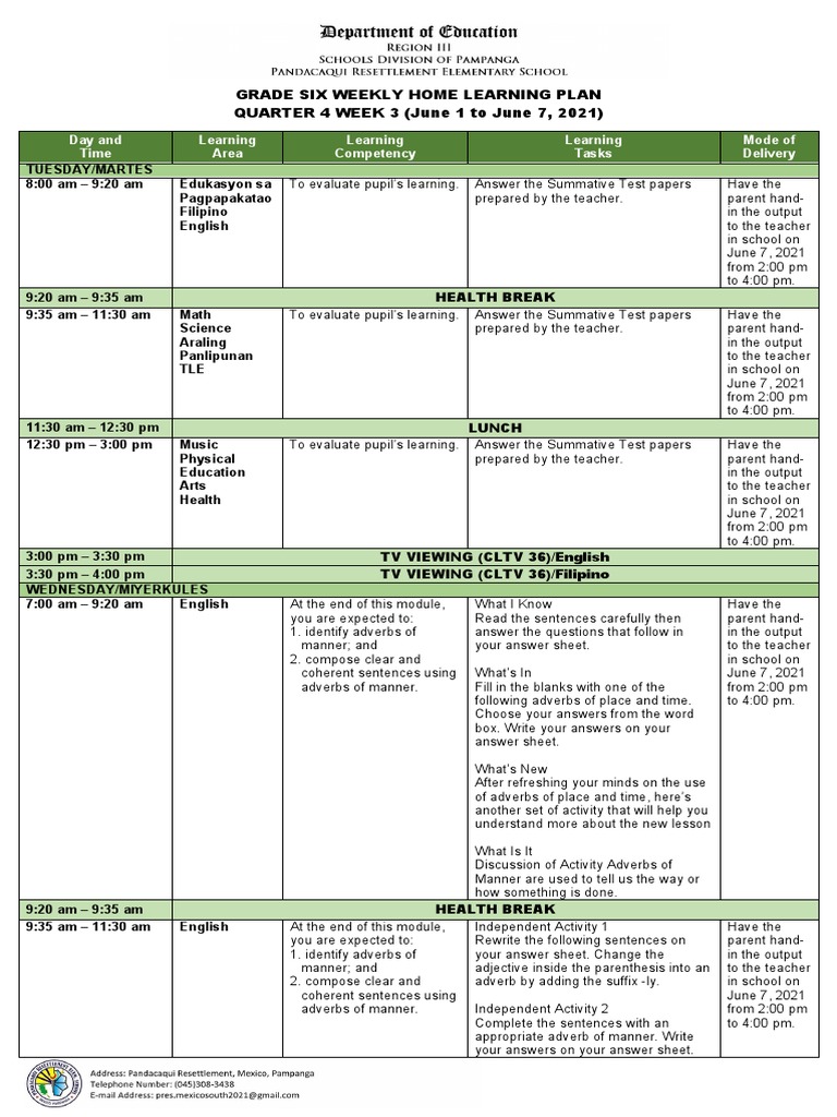Grade Six Weekly Home Learning Plan QUARTER 4 WEEK 3 (June 1 To June 7, 2021) | PDF | Adverb ...