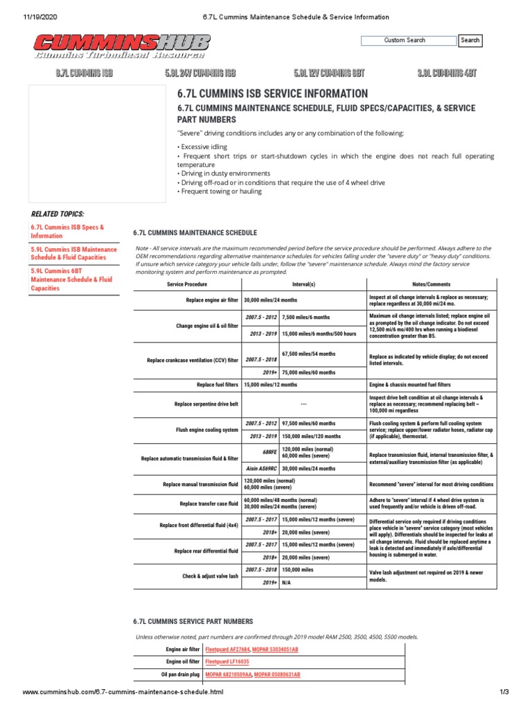 6.7L Cummins Maintenance Schedule & Service Information | PDF | Four ...