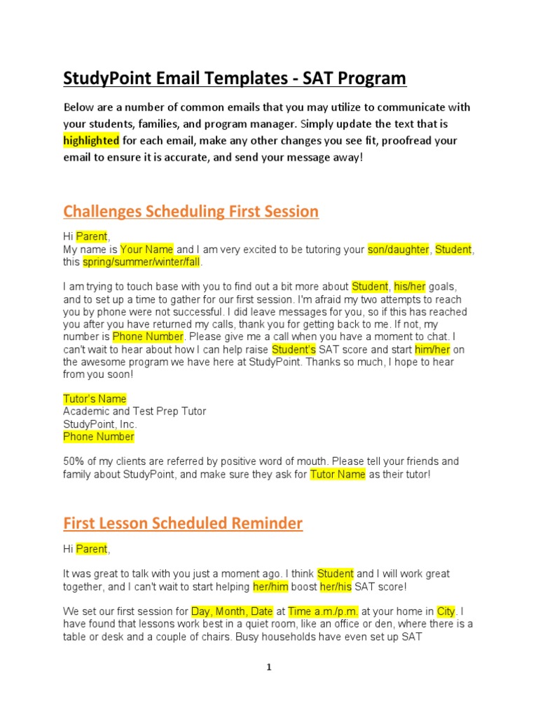 StudyPoint Email Templates SAT Program | PDF | Tutor | Sat