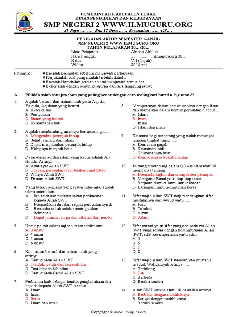 Ilmuguru - Org - Soal PAS Akidah Akhlak Kelas 7 Semester 1 Tahun 2020 | PDF
