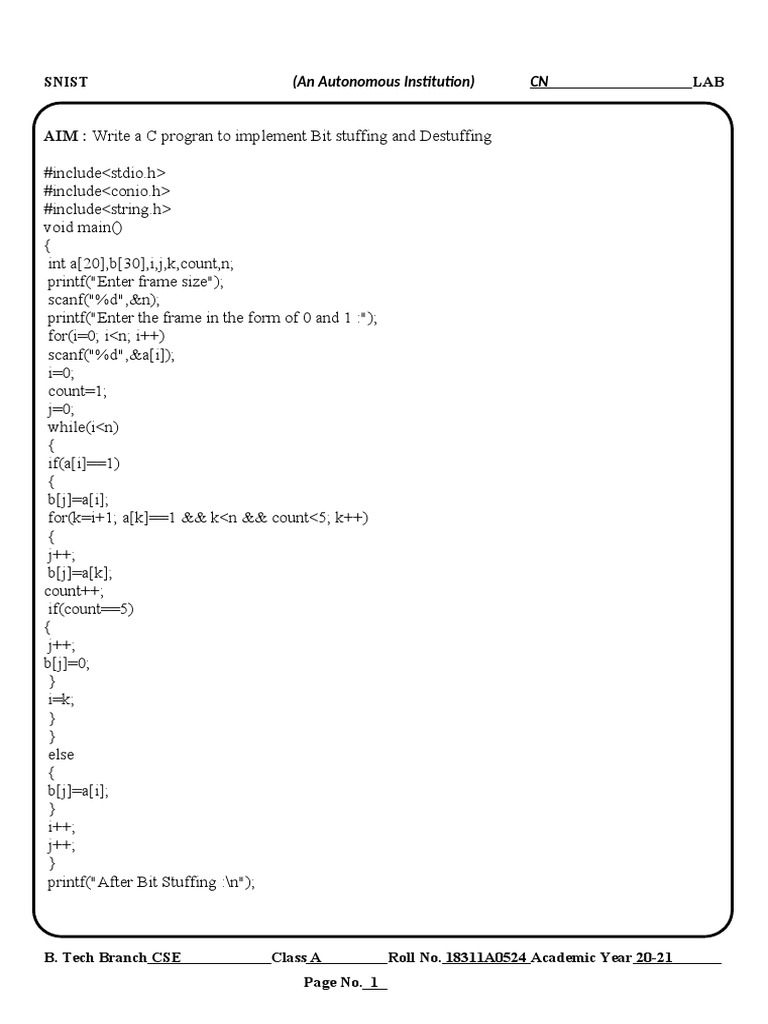 AIM: Write A C Progran To Implement Bit Stuffing and Destuffing | PDF | Routing | Applied ...