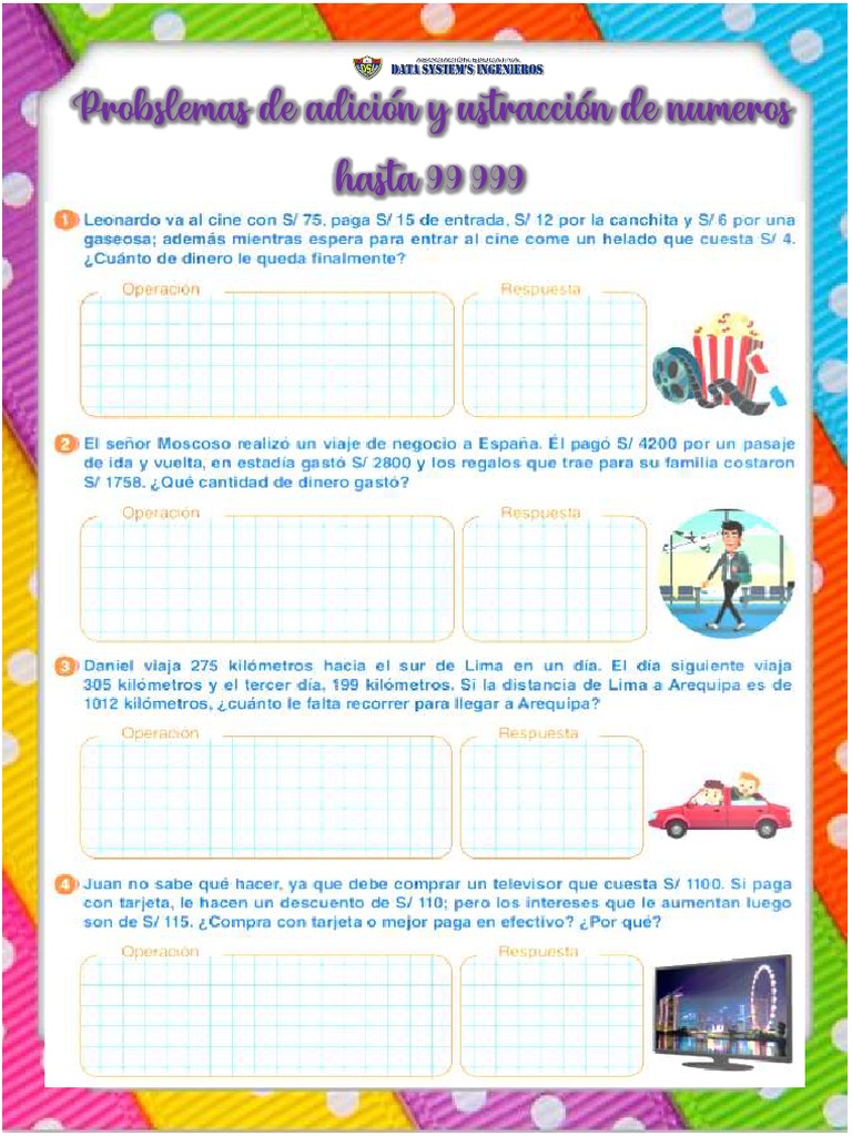 Ficha de Aplicación - Problemas de Adición y Sustracción Hasta 99 999 | PDF