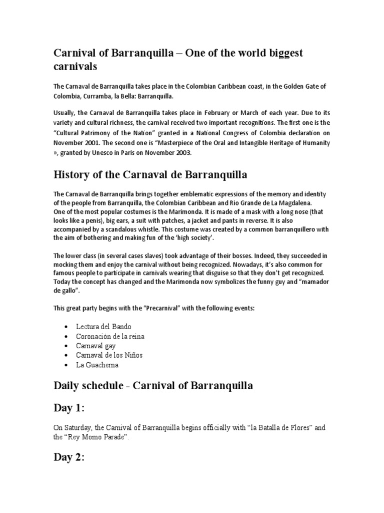 Carnaval de Barranquilla: A Cultural Celebration | PDF | February ...