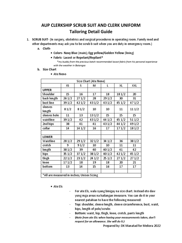 Aup Clerkship Scrub Suit and Clerk Uniform Tailoring Detail Guide | PDF ...