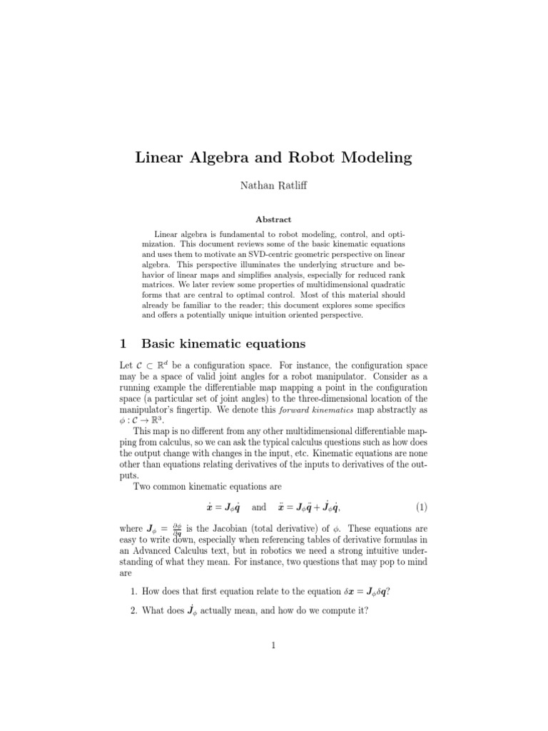 Linear Algebra and Robot Modeling: 1 Basic Kinematic Equations | PDF ...
