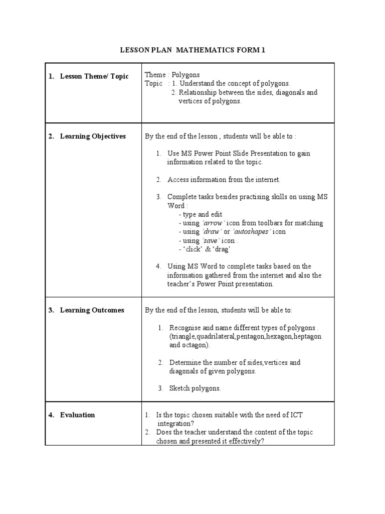 Form 1 Mathematics Lesson Plan: Polygons | PDF | Educational Technology ...