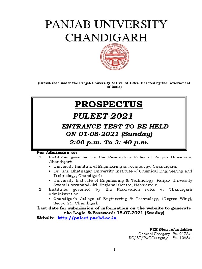 Panjab University Chandigarh: Prospectus | PDF | University And College ...