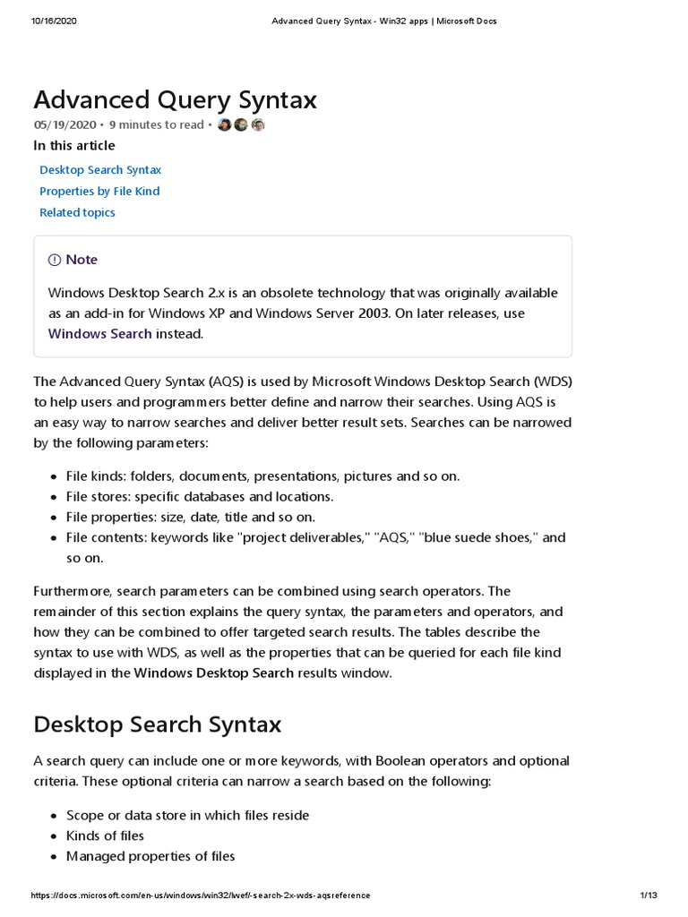 Advanced Query Syntax - Win32 Apps - Microsoft Docs | PDF | Microsoft Outlook | Computer File