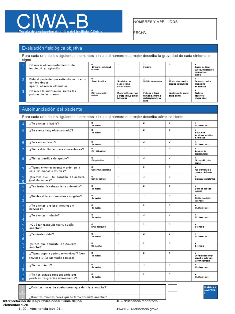 Escala CIWA-B para Evaluación de Abstinencia | PDF | Sistema nervioso ...