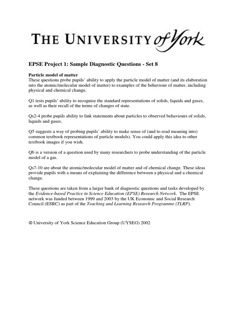 EPSE Sample Questions - Set 8 - Particle Model of Matter | PDF | Gases ...