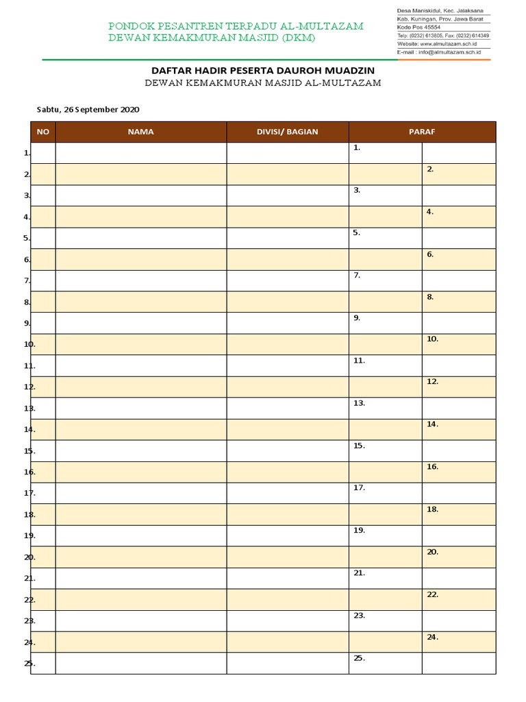 Daftar Hadir Dauroh Muadzin - 26 Sept 2020 | PDF