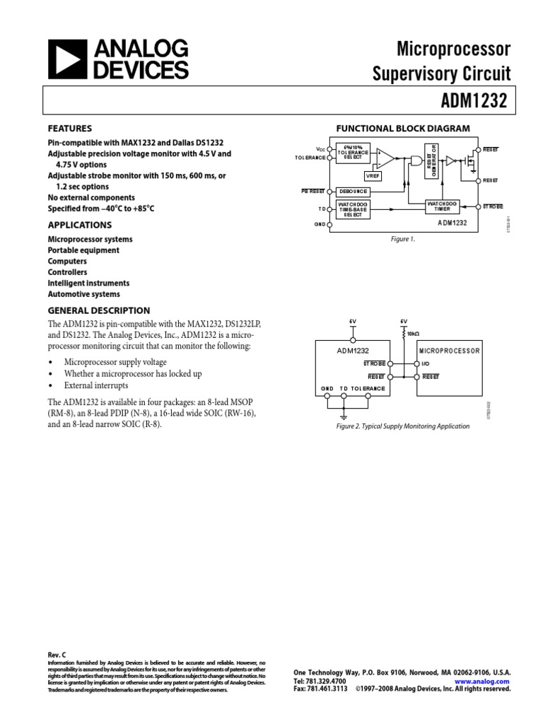 Microprocessor Supervisory Circuit ADM1232: Features Functional Block ...