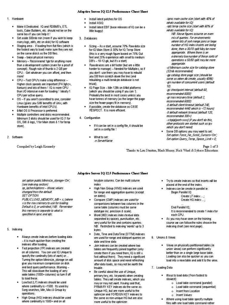 Adaptive Server IQ 12.5 Performance Cheat Sheet | PDF | Database Index ...