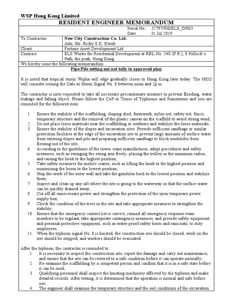 Resident Engineer Memorandum: WSP Hong Kong Limited | PDF | Scaffolding ...