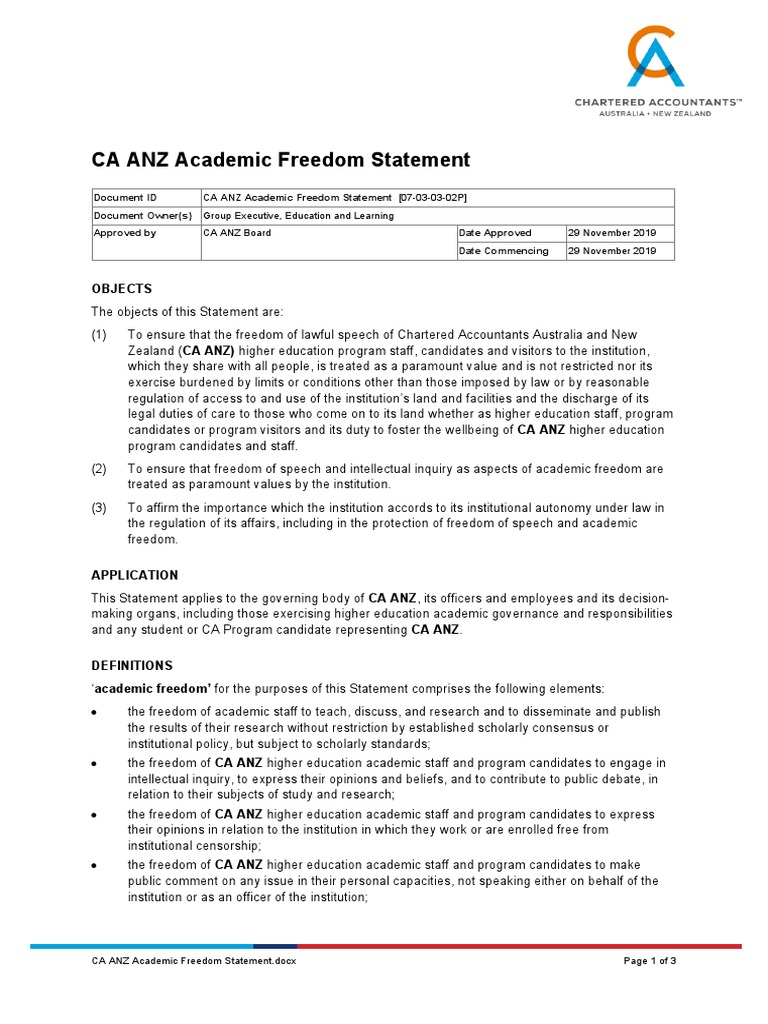 CA ANZ Academic Freedom Statement | PDF | Academic Freedom | Freedom Of ...