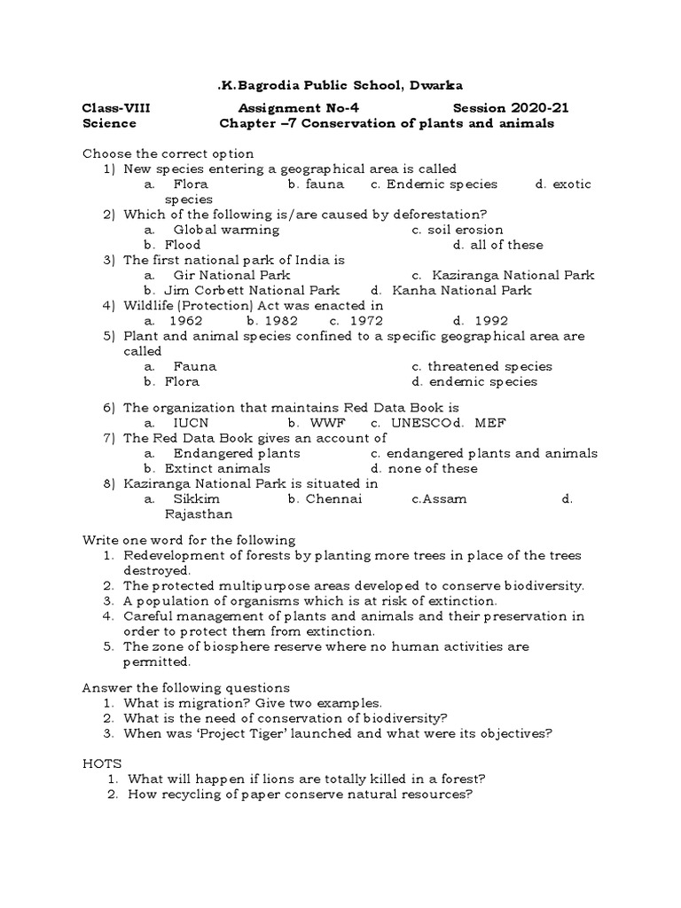 Conservation in Plants and Animals Asignment and Answers | PDF ...