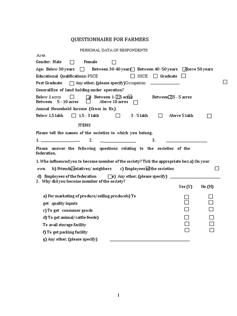 Questionnaire For Farmers: Personal Data of Respondents | PDF ...