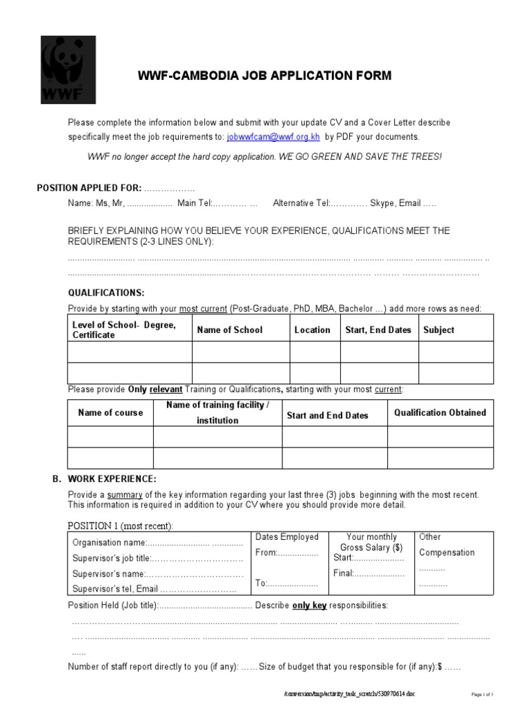 Wwf-Cambodia Job Application Form: WWF No Longer Accept The Hard Copy ...
