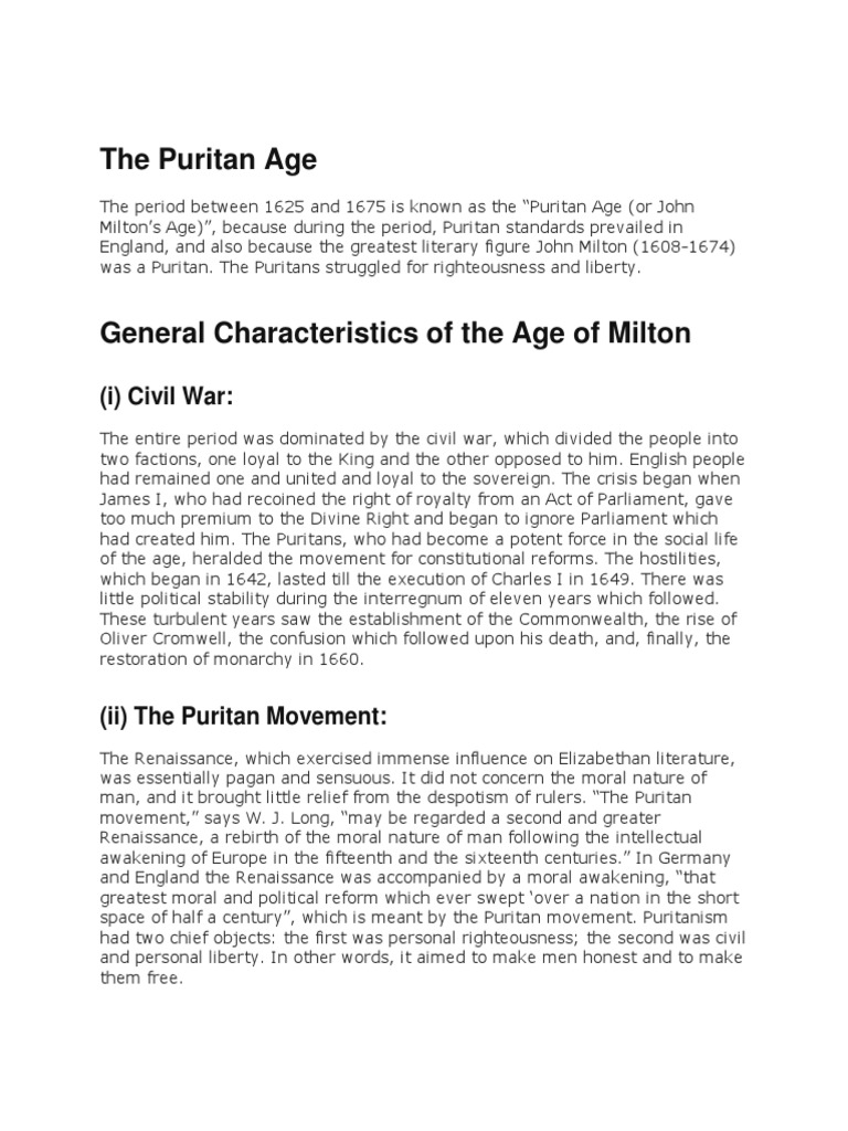 Characteristics of the Puritan Age | PDF | Puritans | John Milton