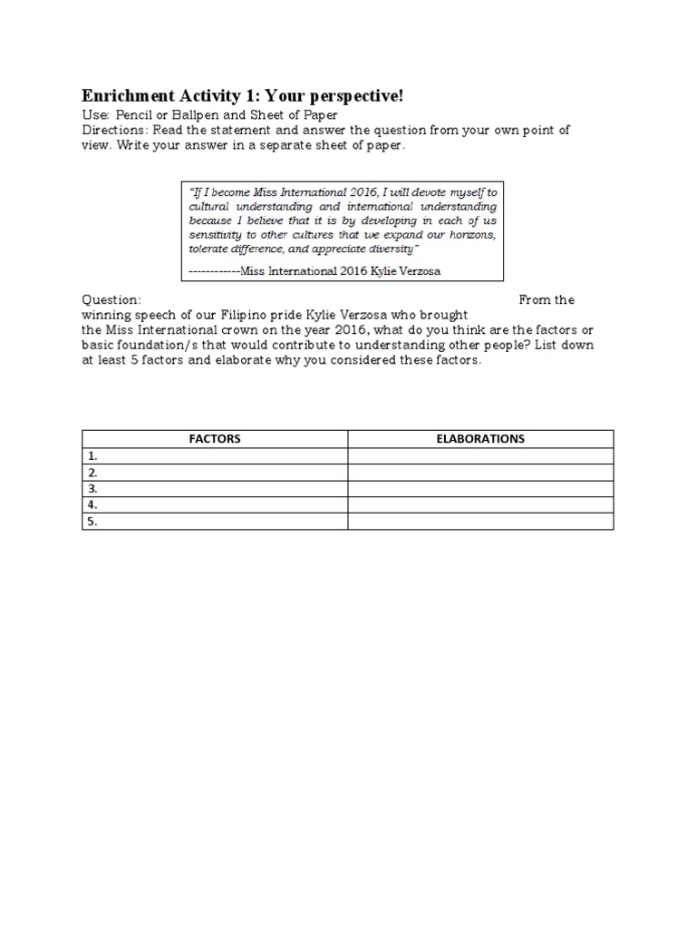 Enrichment Activity 1: Your Perspective!: Factors Elaborations | PDF