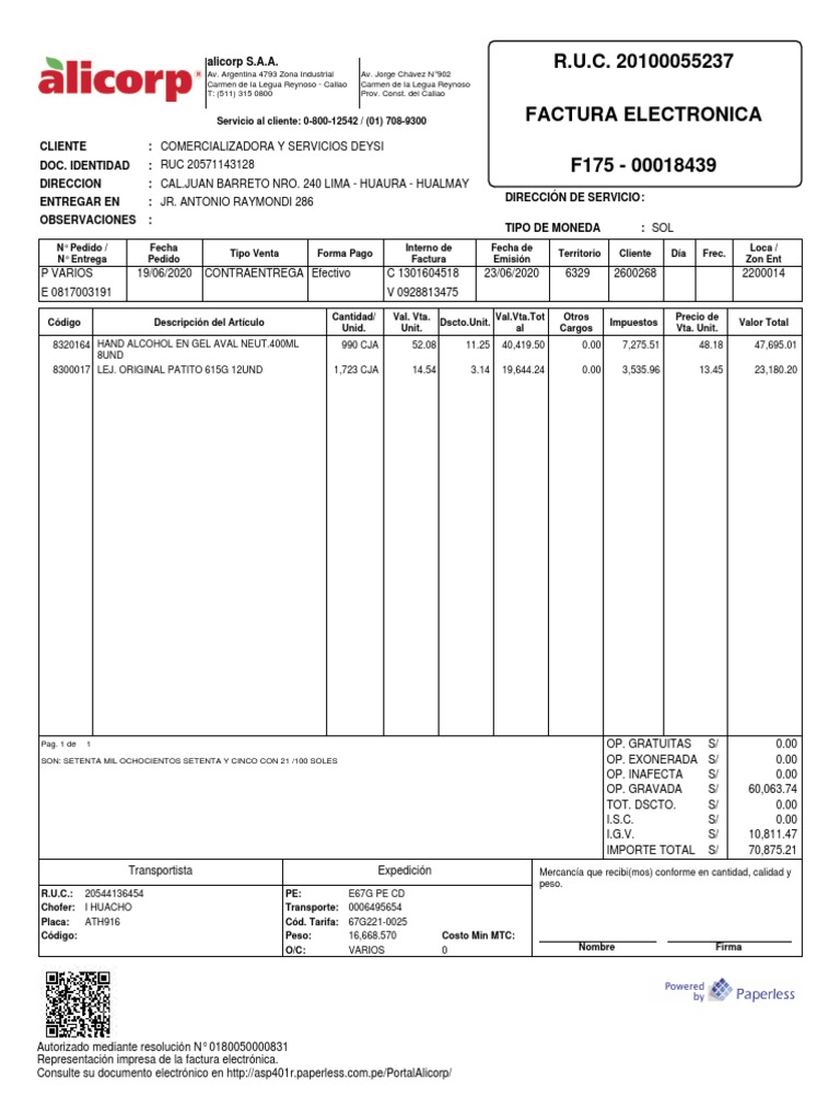 Factura electrónica de Alicorp que detalla la venta de productos de limpieza a una empresa ...