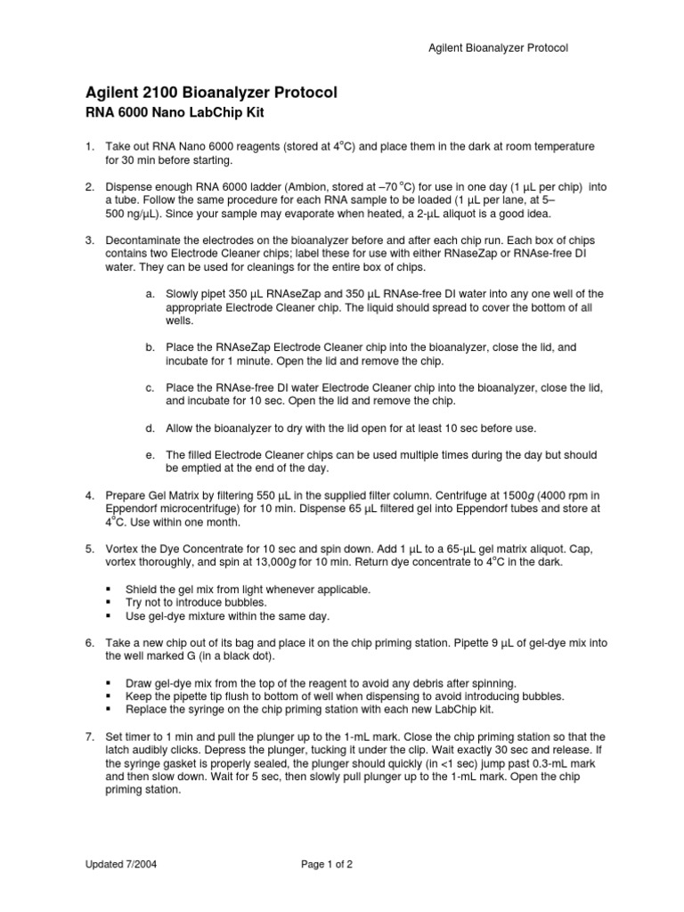 Agilent 2100 Bioanalyzer Protocol | PDF | Laboratories | Chemistry