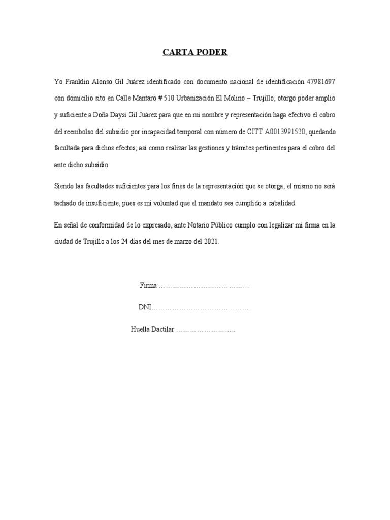 Carta Poder para Reembolso Essalud | PDF | Política | Ciencias sociales