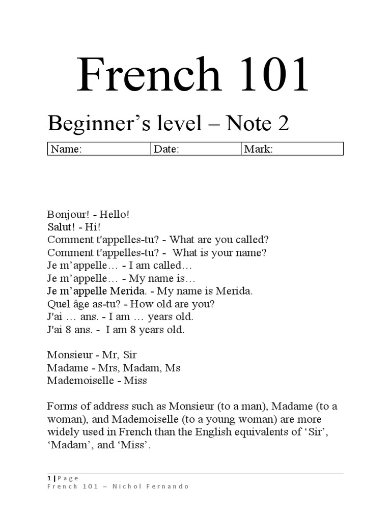 French 101 - Beginner's Level - Note 2 | PDF