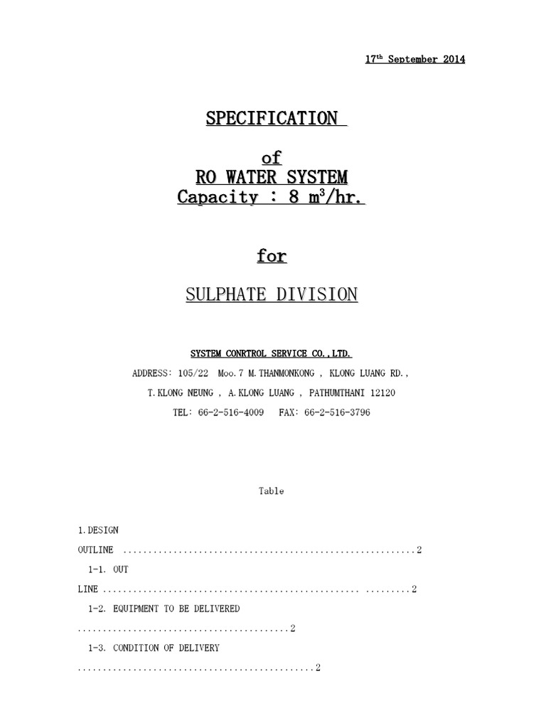 Specification RO Water Treatment Plant | PDF | Switch | Water Supply ...