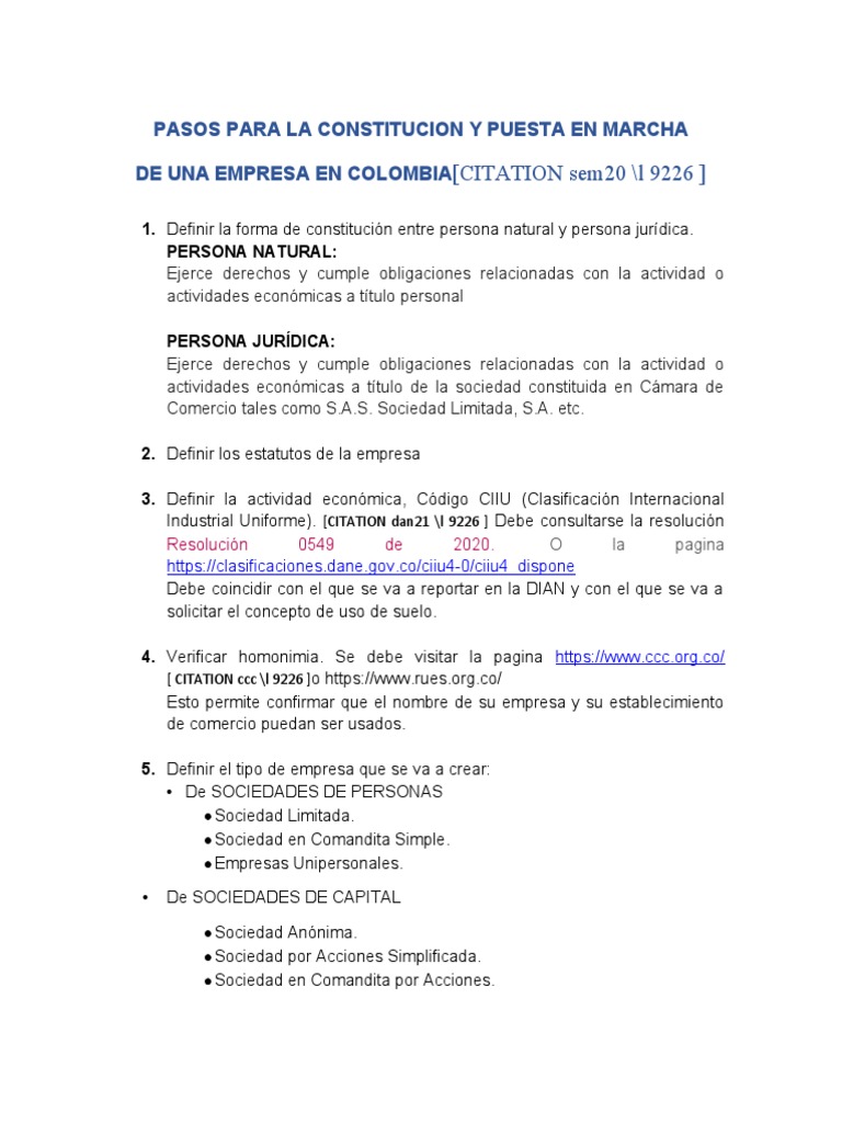 Pasos para La Constitucion y Puesta en Marcha de Una Empresa en Colombia | PDF | Business ...
