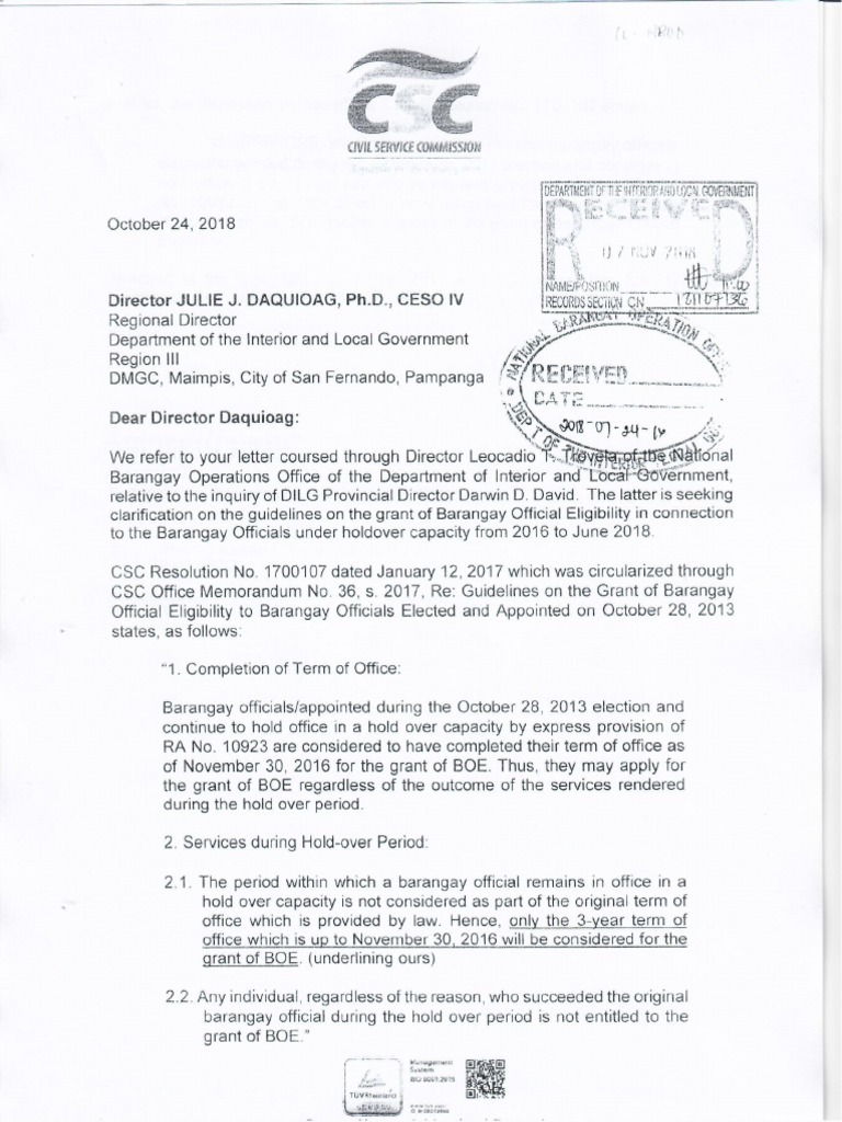 CSC Resolution No 1700107 Re Guidlines On Barangay Official ELigibility ...