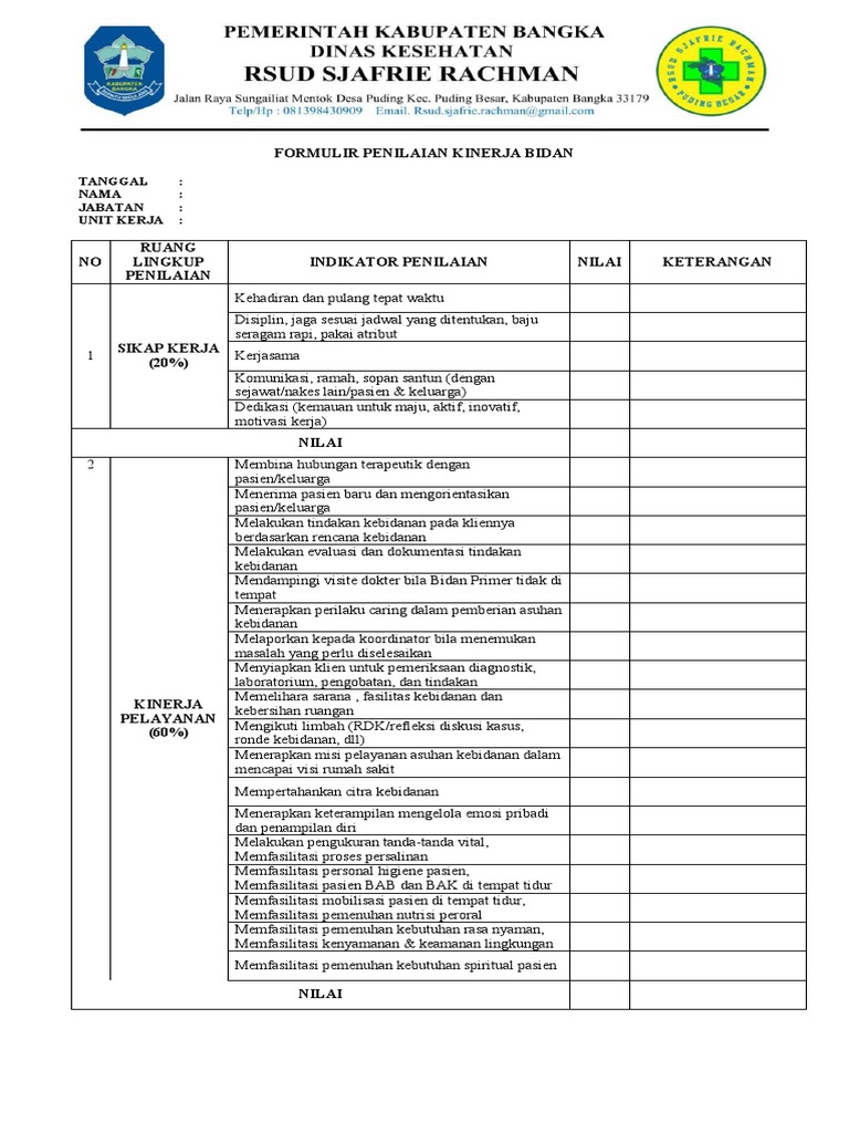 Formulir Penilaian Kinerja Bidan Rsud SR Semester | PDF