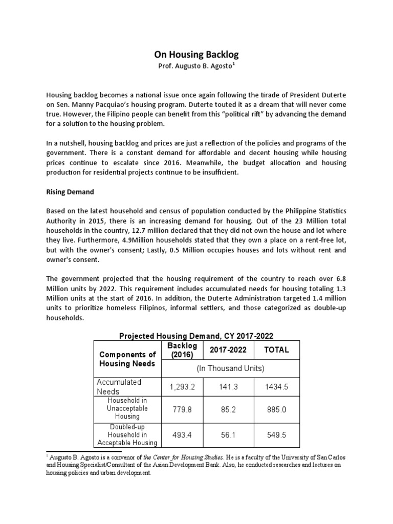 On Housing Backlog: Rising Demand | PDF | Metro Manila | Economies