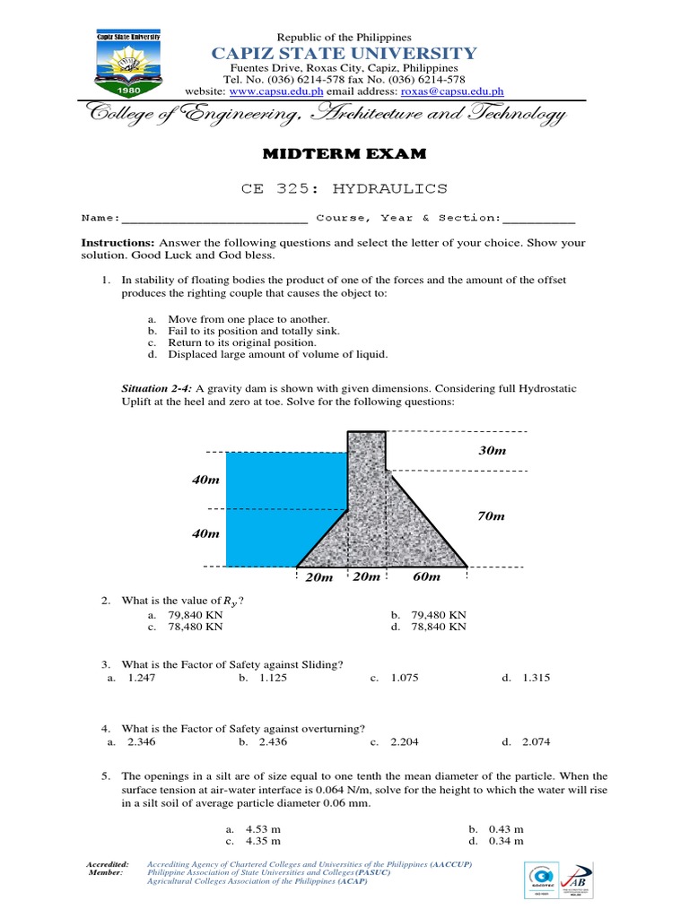 Midterm Exam in CE 325: Hydraulics at Capiz State University College of Engineering ...