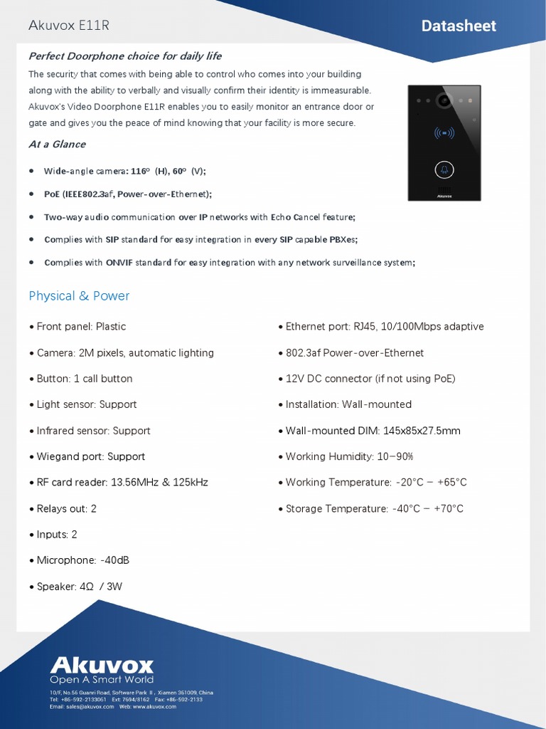 Akuvox E11R Video Doorphone Specs | PDF | Networks | Computer Standards