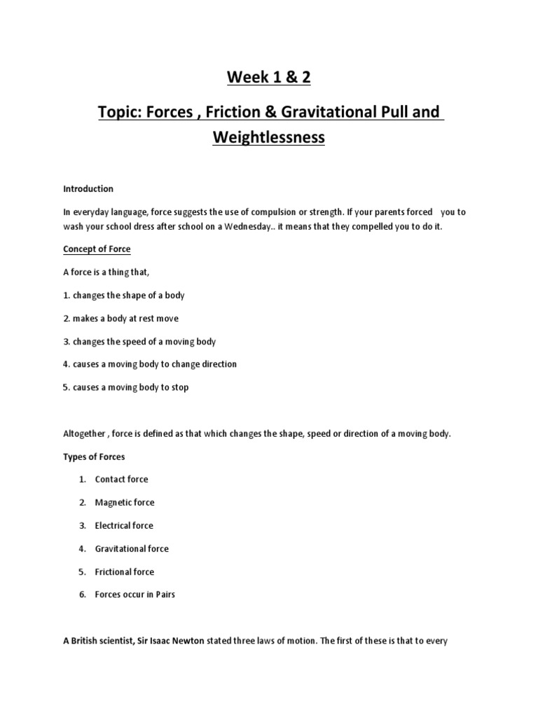 Week 1 & 2 Topic: Forces, Friction & Gravitational Pull and ...