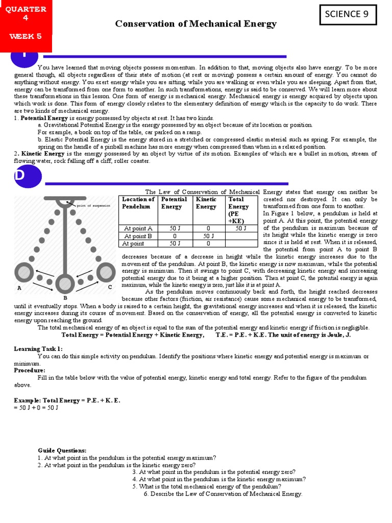 Science 9-Teacher-Made-Module-Quarter 4-Week 5 | PDF | Potential Energy ...