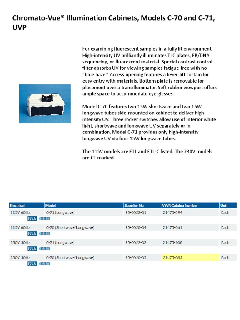 Chromato-Vue® Illumination Cabinets, Models C-70 and C-71, UVP | PDF