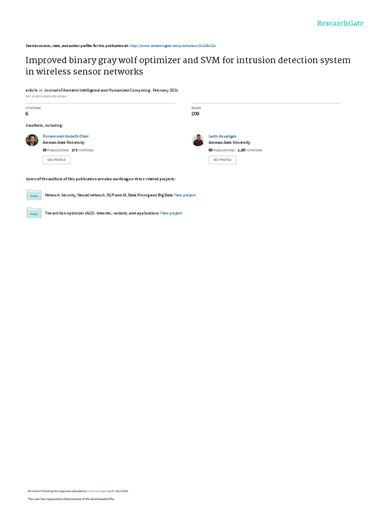 Improved Binary Gray Wolf Optimizer And Svm For Intrusion Detection System In Wireless Sensor